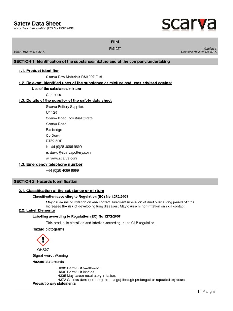 Flint Msds Scarva 110116 PDF | PDF | Toxicity | Dangerous Goods