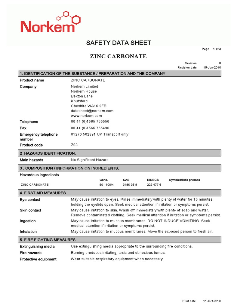 Zinc Carbonate Safety Data Sheet | PDF | Personal Protective Equipment ...
