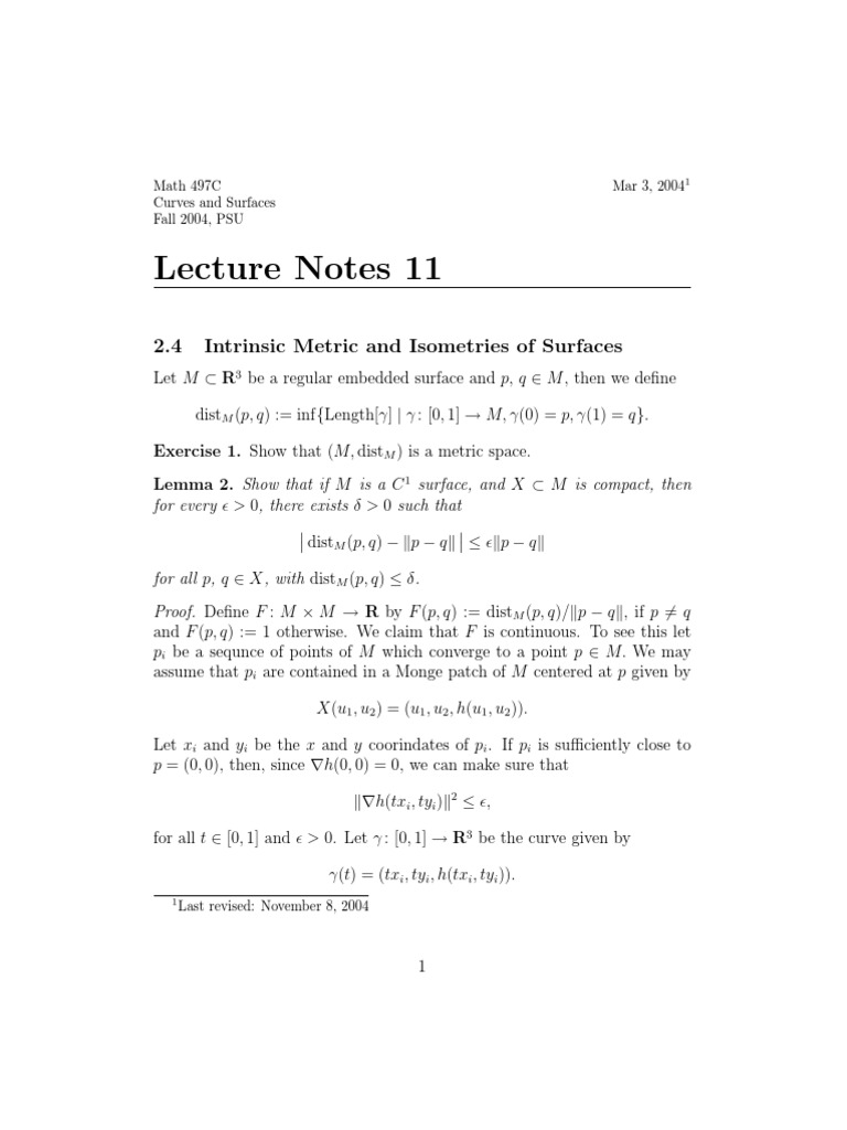Lecture Notes 11: 2.4 Intrinsic Metric and Isometries of Surfaces | PDF ...
