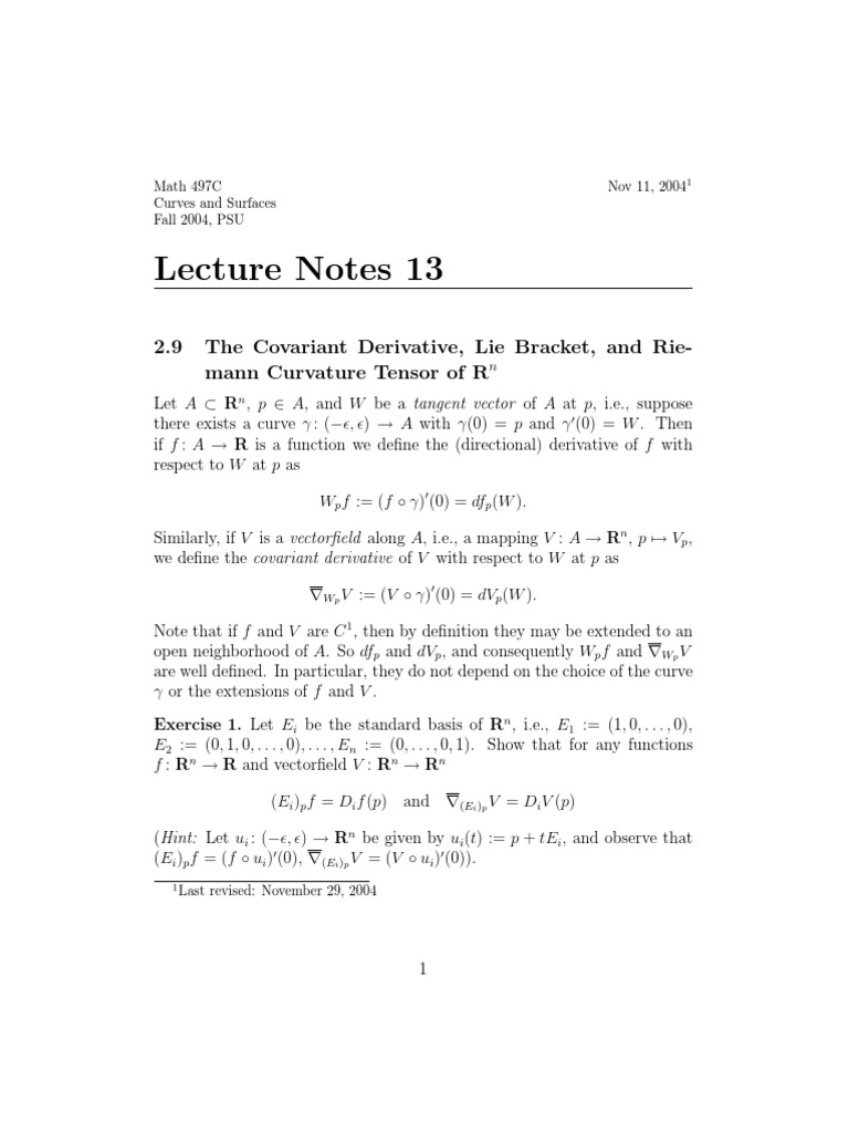 Lecture Notes 13: 2.9 The Covariant Derivative, Lie Bracket, and Rie ...