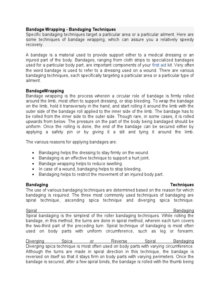 Bandage Wrapping - Bandaging Techniques: First Aid | PDF | Medical ...