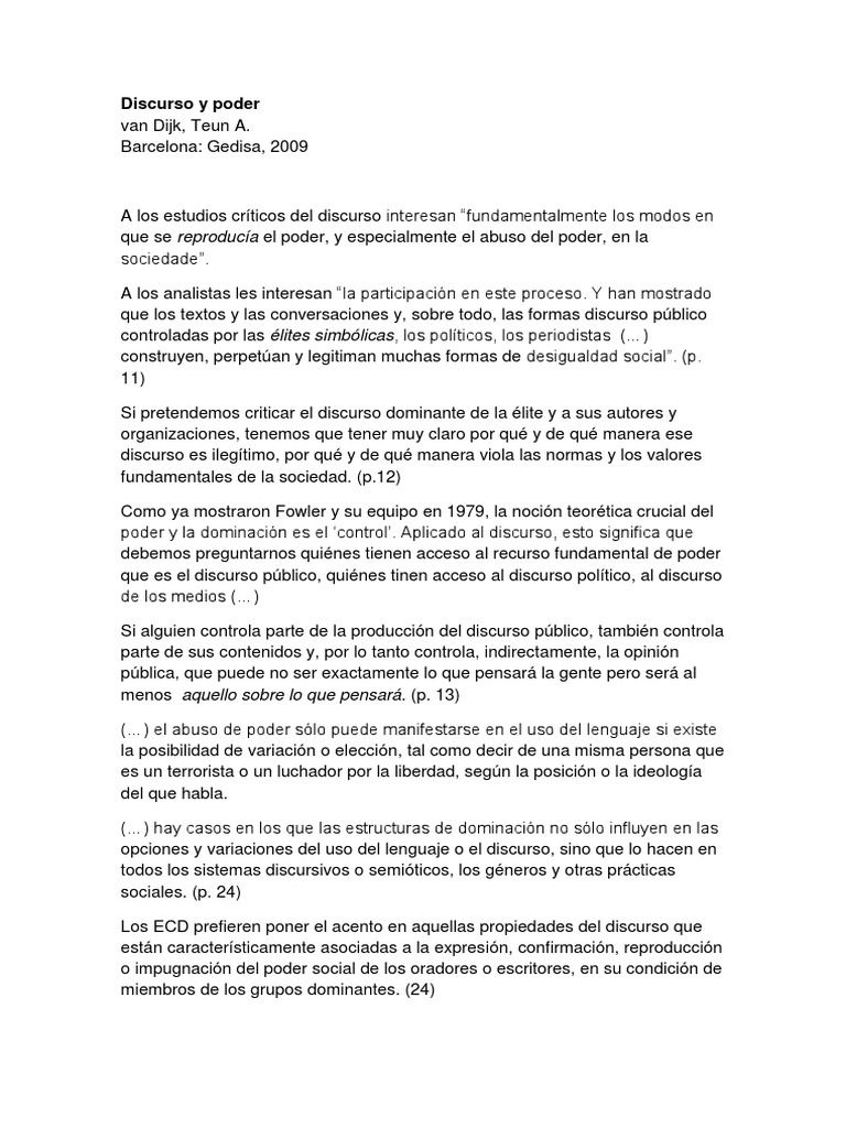 Discurso y Poder - Van Dijk | PDF | Poder (social y político) | Ideologías
