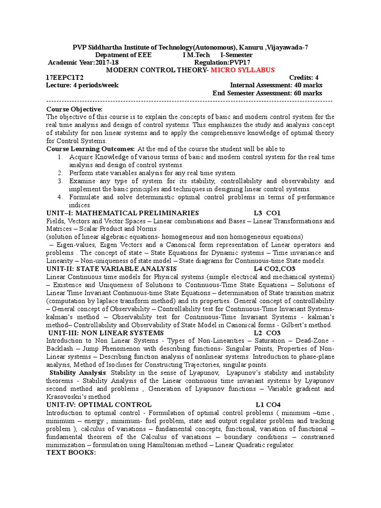 MCT - Micro Syllabus | PDF | Optimal Control | Control Theory