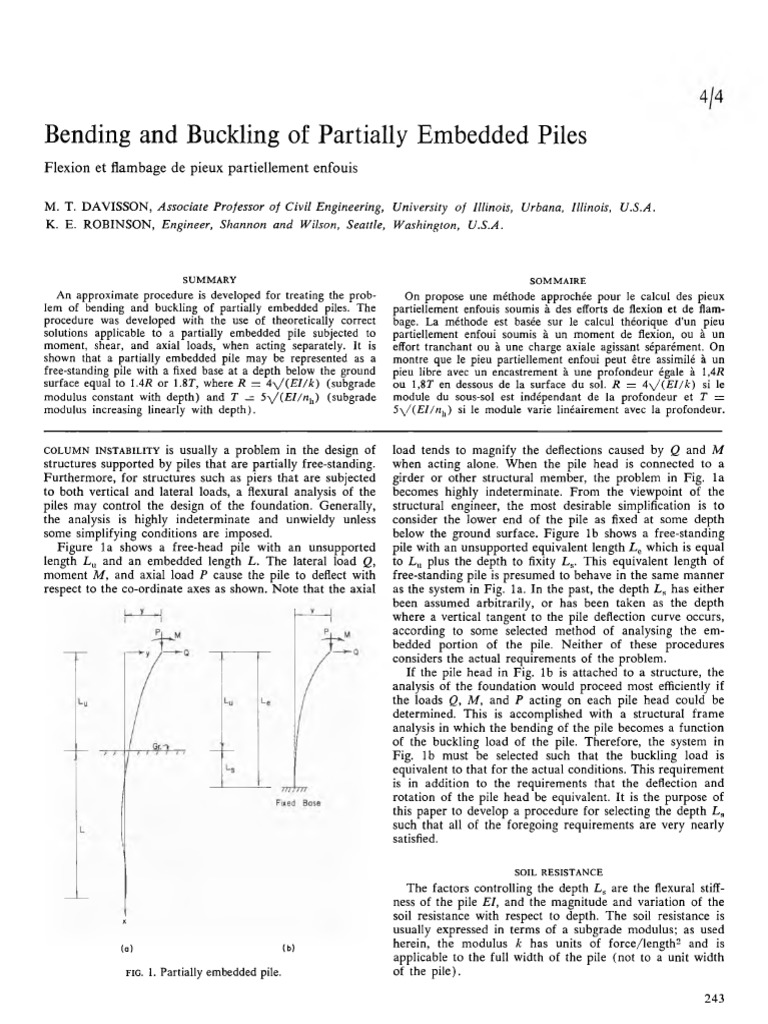 Bending & Buckling of Partially Embedded Piles Davisson & Robinson 1965 ...