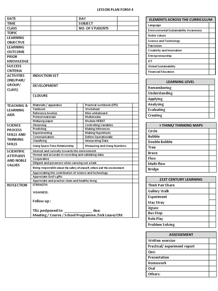Lesson Plan Form 4 (Template) | PDF | Lesson Plan | Experiment