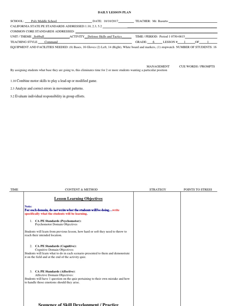 Softball | PDF | Lesson Plan | Teaching