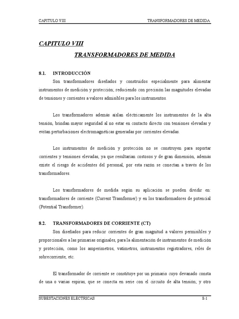 CAPITULO VIII - Transformadores de Medida | PDF | Transformador | Corriente eléctrica