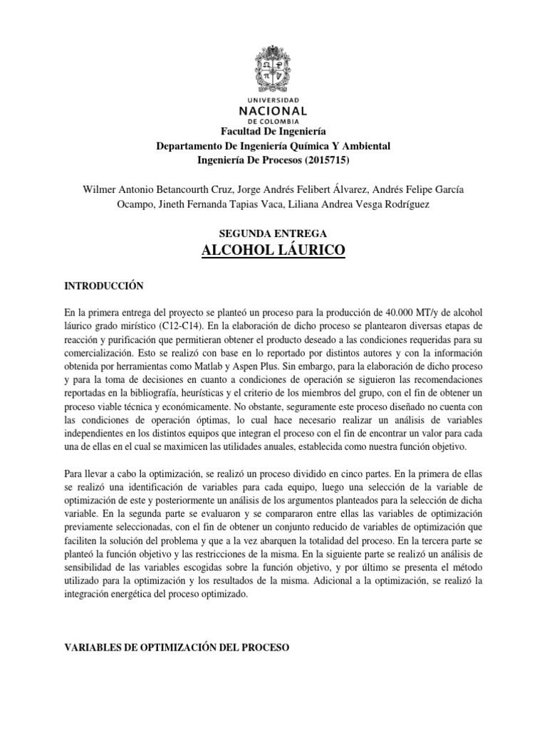 Optimización del Proceso de Alcohol Láurico | PDF | Reactor Quimico ...