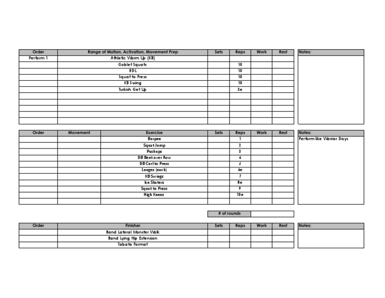 Order Sets Reps Work Rest Range of Motion, Activation, Movement Prep ...