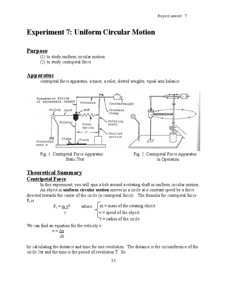 Experiment 7: Uniform Circular Motion: Purpose | PDF | Force | Physics