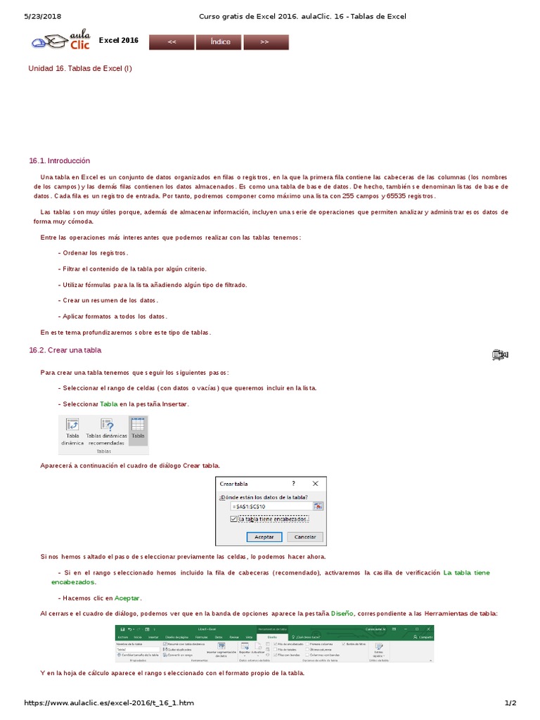 Curso Gratis de Excel 2016. AulaClic. 16 - Tablas de Excel | PDF ...