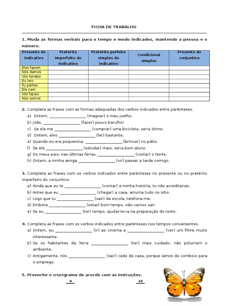 Ficha de Trabalho - Exercícios Com Tempos e Modos Verbais | PDF | Tempo ...