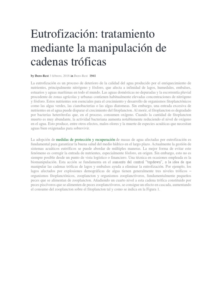 Eutrofización: Tratamiento Mediante La Manipulación de Cadenas Tróficas ...
