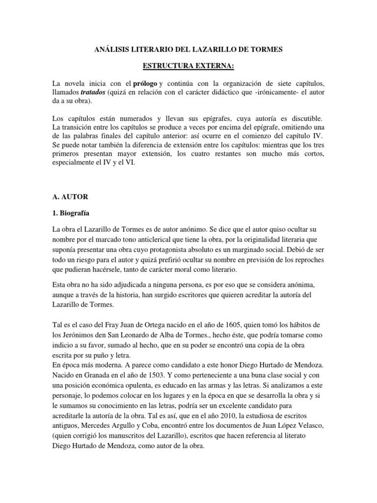 Análisis del Lazarillo de Tormes | PDF | Novelas | Autor