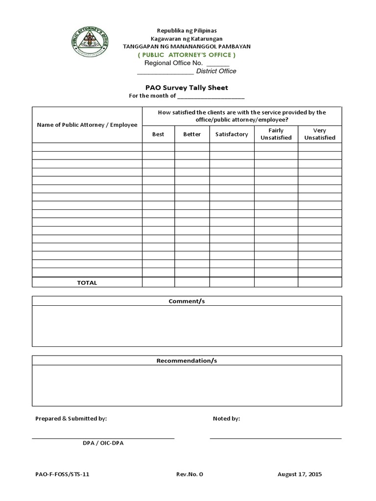 PAO Survey Tally Sheet: - District Office | PDF