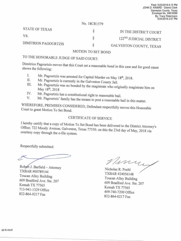 5-23-2018 - Motion For Reasonable Bond | PDF | Bail | Separation Of Powers