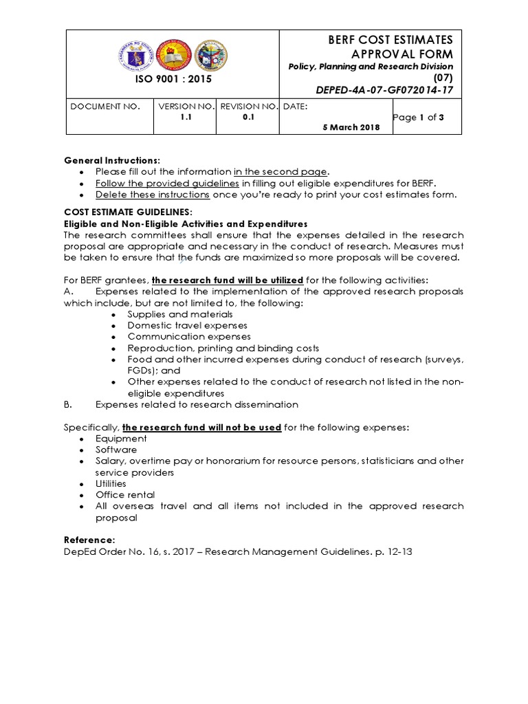 GF072014 - BERF Cost Estimates Approval Form | PDF | Expense | Iso 9000