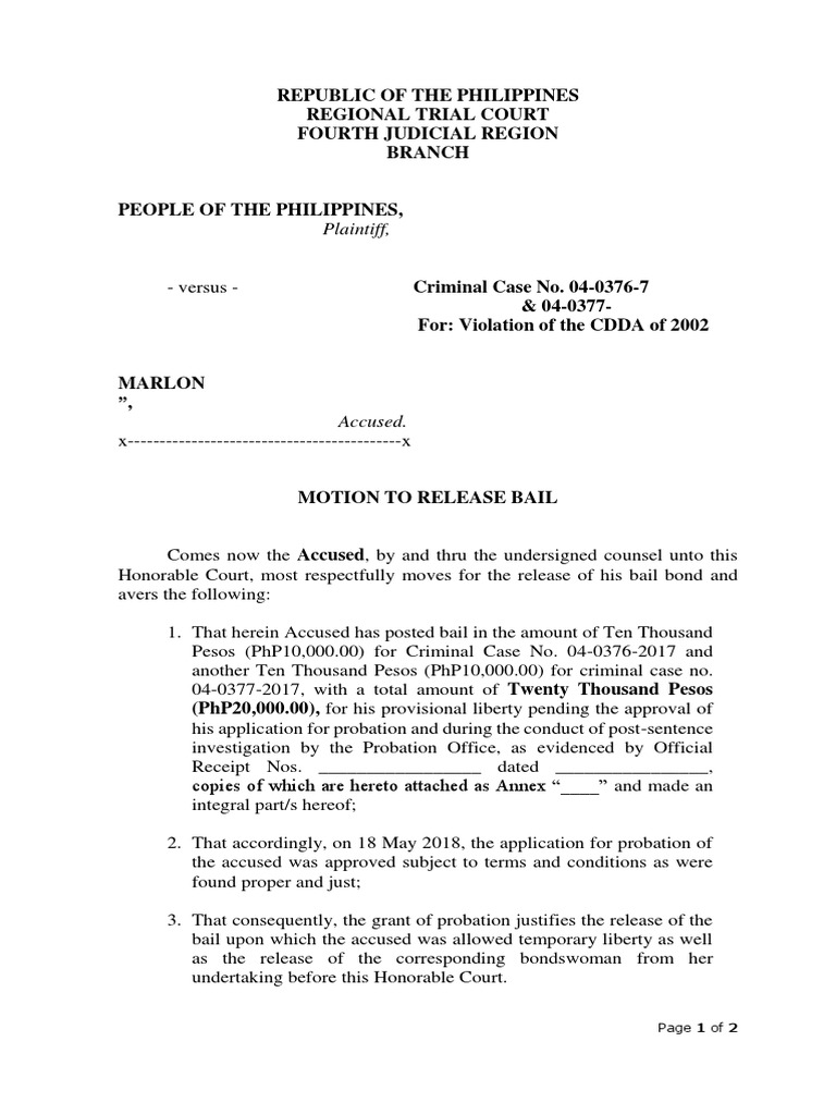 Motion for Bail Release in Philippines | PDF | Bail | Probation