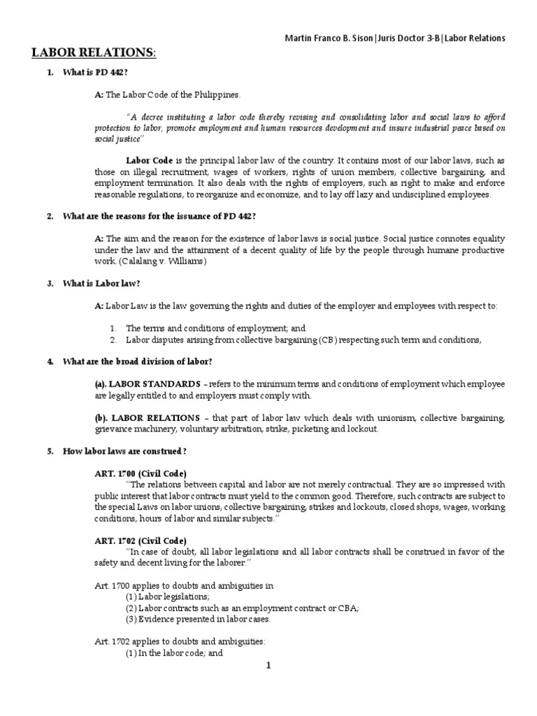 Labor Relations:: Martin Franco B. Sison - Juris Doctor 3-B - Labor ...