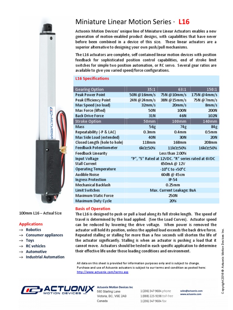 Actuonix L16 Datasheet | PDF | Servomechanism | Actuator