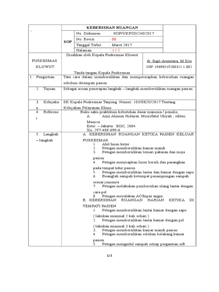 Sop Kebersihan Ruangan | PDF