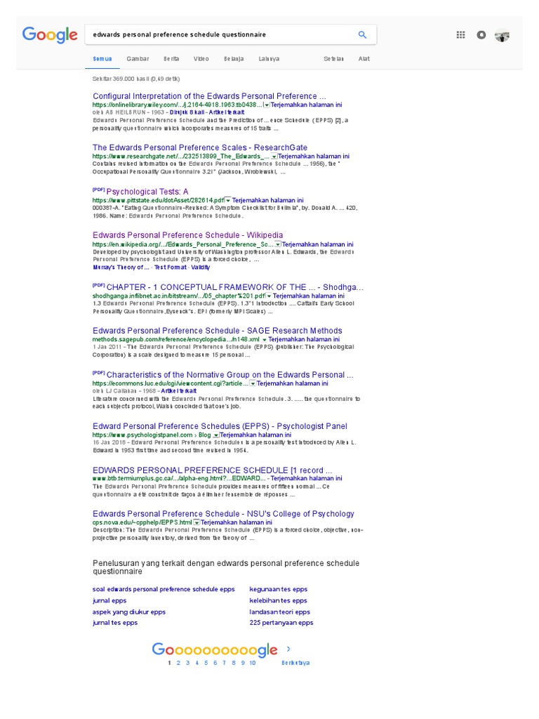Edwards Personal Preference Schedule Questionnaire - Penelusuran Google ...