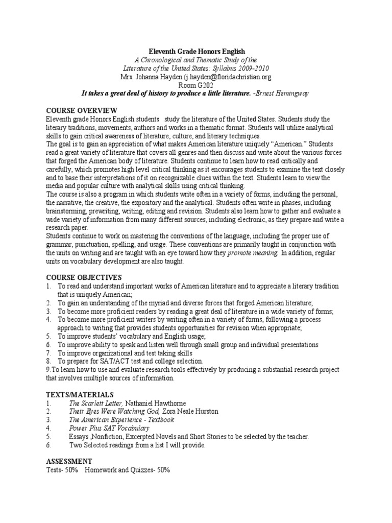 Eleventh Grade Honors English Syllabus | PDF | Communication | Cognition