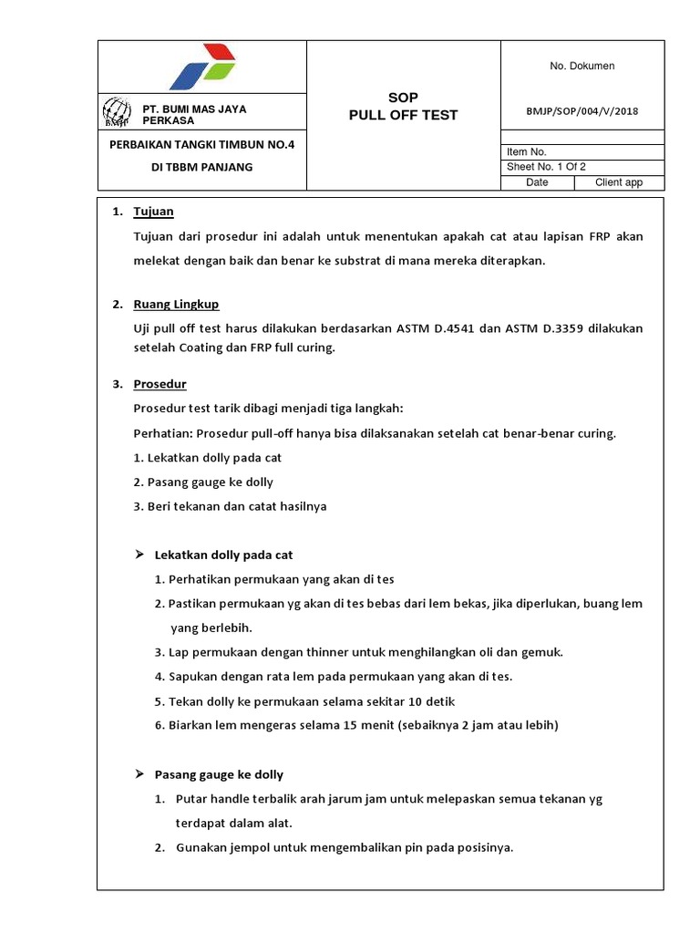 Sop Pull Off Test - Mei 2018 | PDF