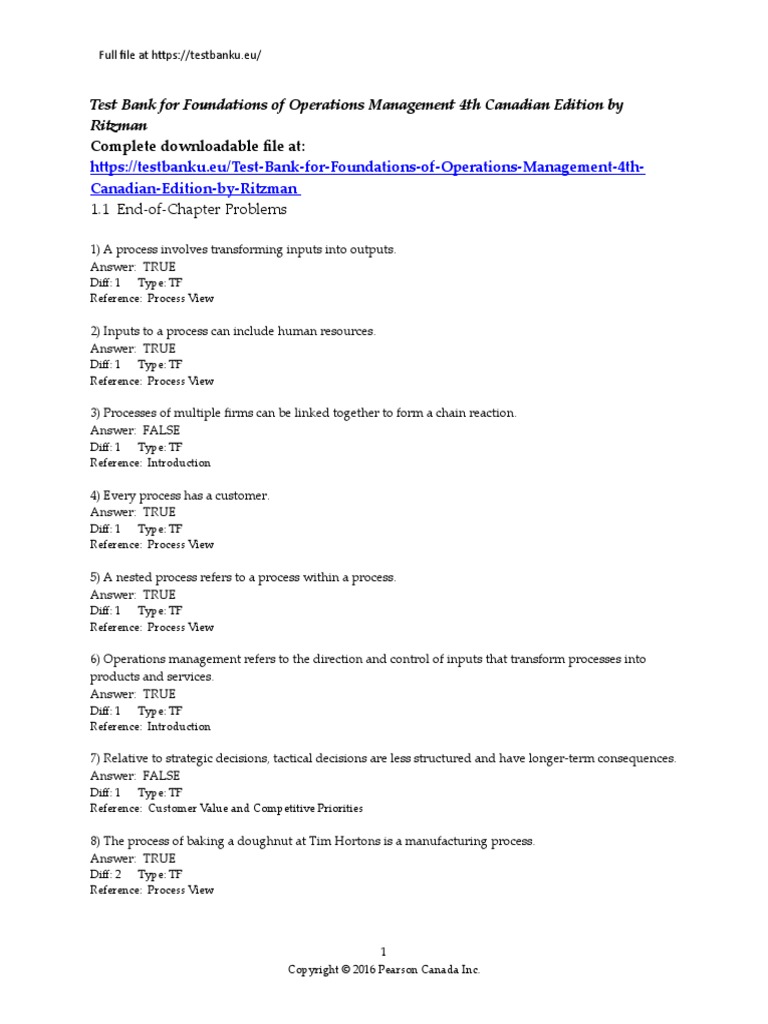 Test Bank For Foundations Of Operations Management 4th Canadian Edition By Ritzman Download