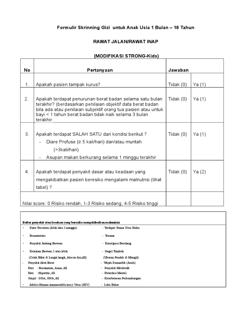 StrongKids Nutritional Screening Form | PDF | Self-Improvement