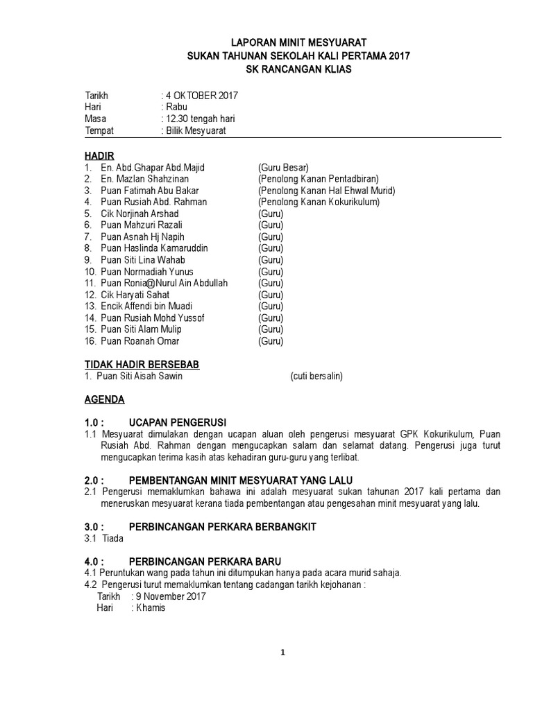 Minit Mesyuarat Sukan Kali Pertama 2017 | PDF