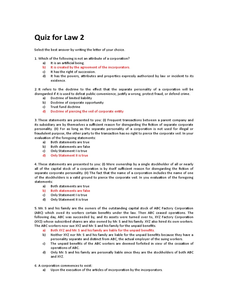 10112017, Quiz For Law 2, Answer Key | PDF | Corporations | Piercing ...