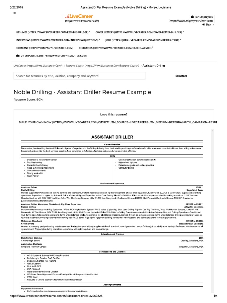 Assistant Driller Resume Example (Noble Drilling) - Morse, Louisiana | PDF