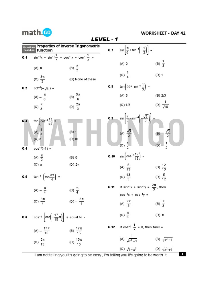 Worksheet - Inverse Trigo | PDF | Sine | Trigonometric Functions