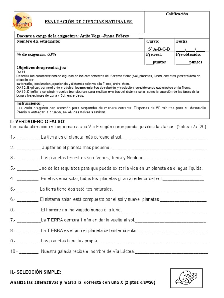 Prueba Del Sistema Solar | PDF | Planetas | Sistema solar