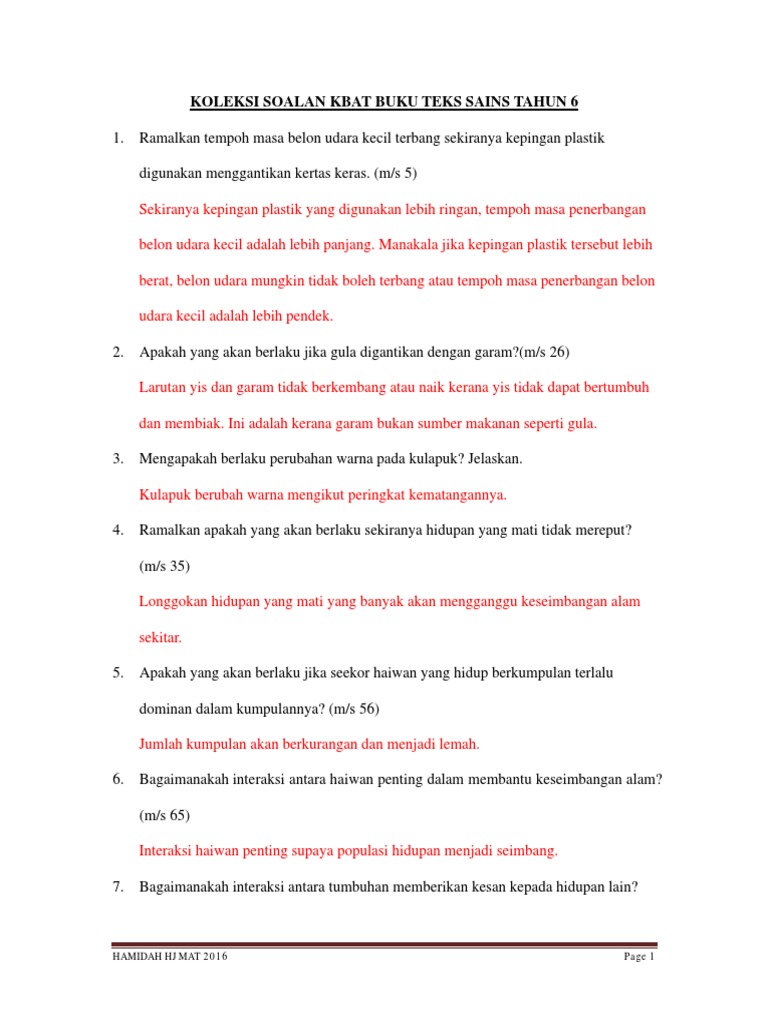 Koleksi Soalan Kbat Buku Teks Sains Tahun 6 PDF | PDF