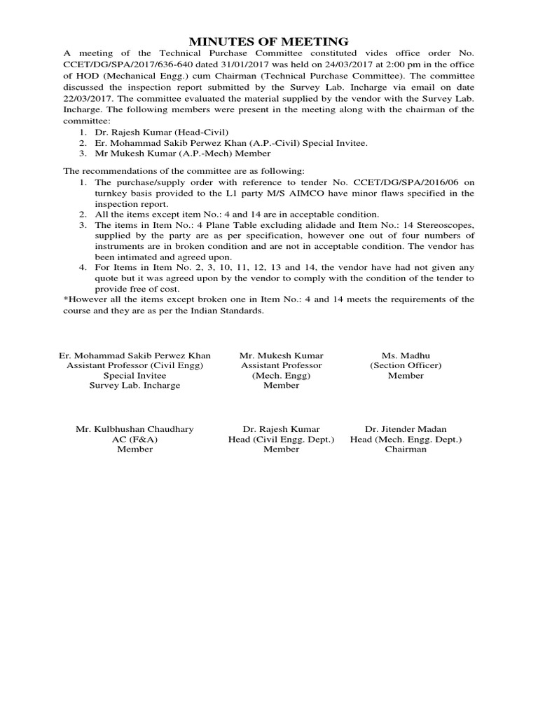MINUTES of MEETING Purchase Committee | Specification (Technical ...