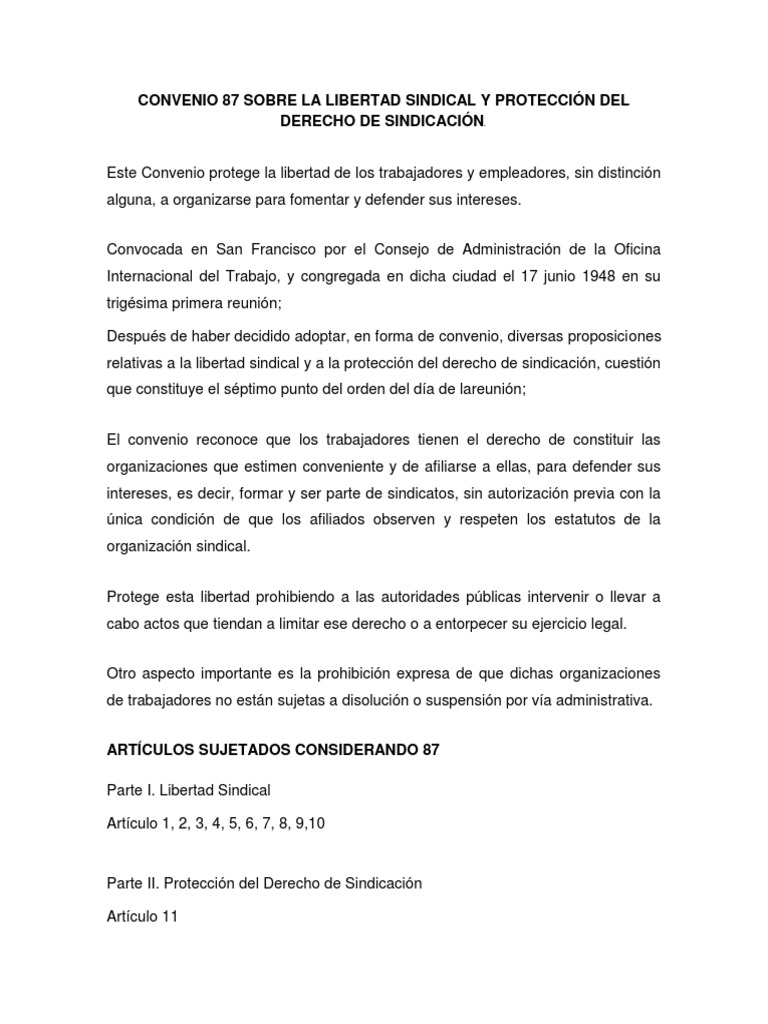 Convenio 87 Sobre La Libertad Sindical y Protección Del Derecho de Sindicación | Descargar ...