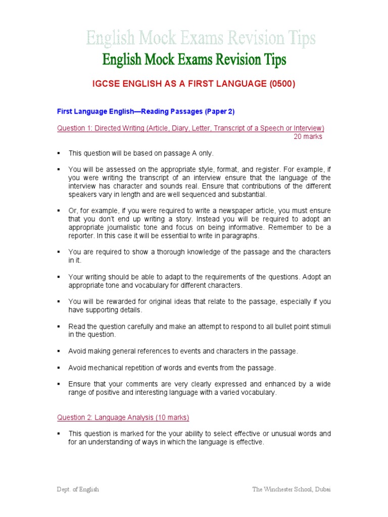 English As A First Language For IGCSE Revision Tips | PDF | Question ...