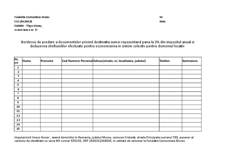 Nume Prenume Cod Numeric Personaladresa (Strada, NR, Localitatea ...