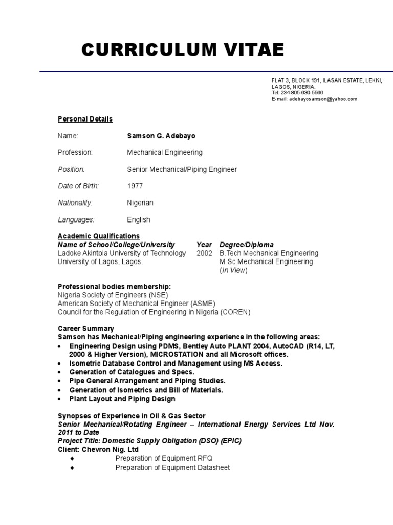 Samson Adebayo 1 | PDF | Engineer | Mechanical Engineering