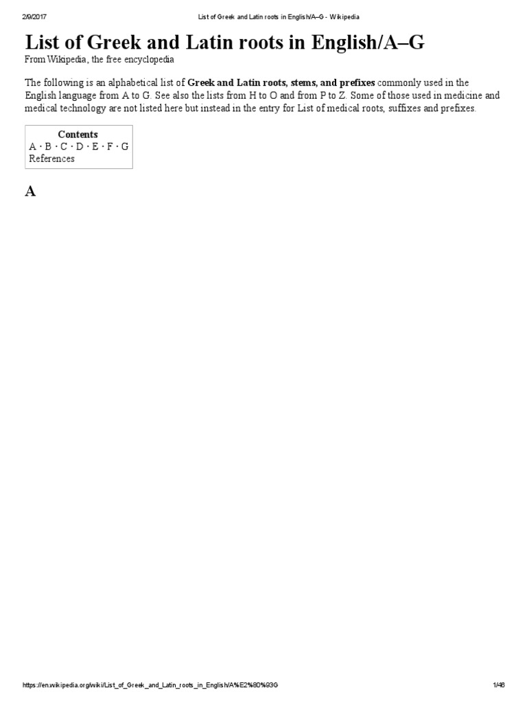 List of Greek and Latin Roots in English - A-G - Wikipedia | PDF ...