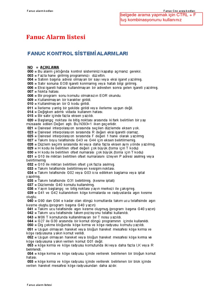 Fanuc Alarm Listesi | PDF
