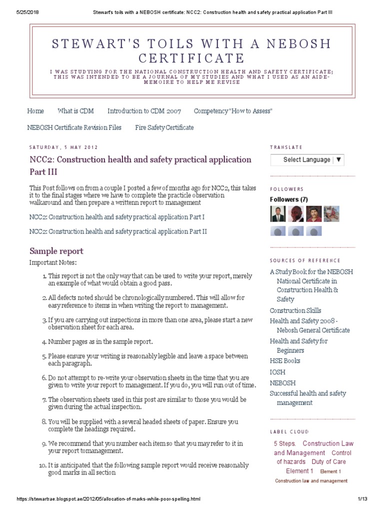 A Sample Report for the NEBOSH National Certificate in Construction ...