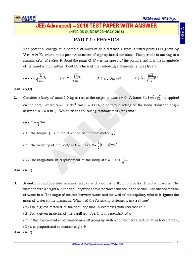 Jee Advanced 2018 Paper 1 With Answer Physics PDF | PDF | Torque ...