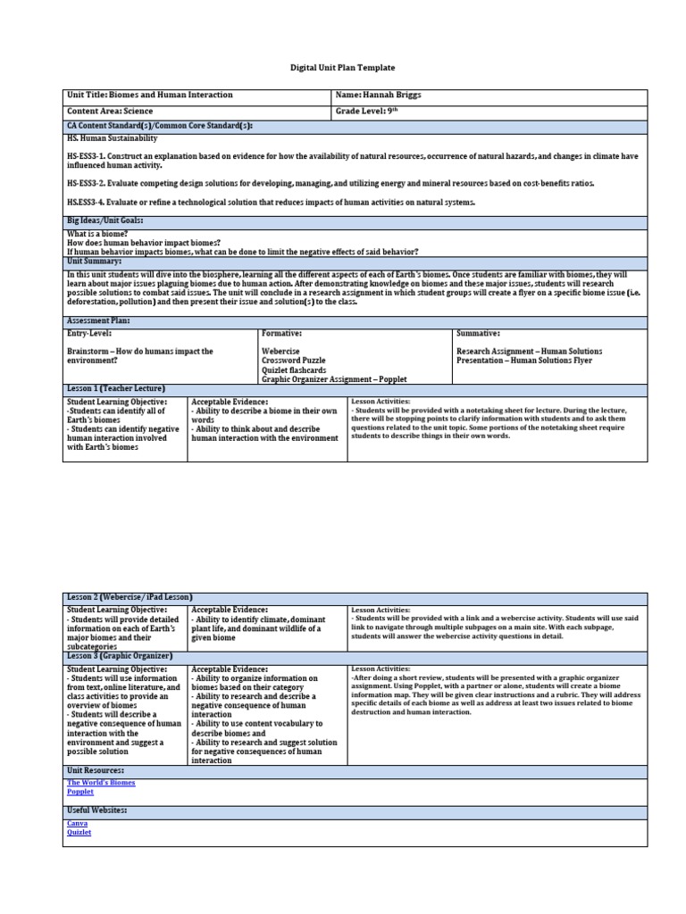 Digital Unit Plan Template Unit Title: Biomes and Human Interaction ...