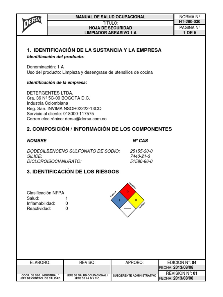 332292002-Hoja-de-Seguridad-Limpiador-1a.pdf | Toxicidad | Agua