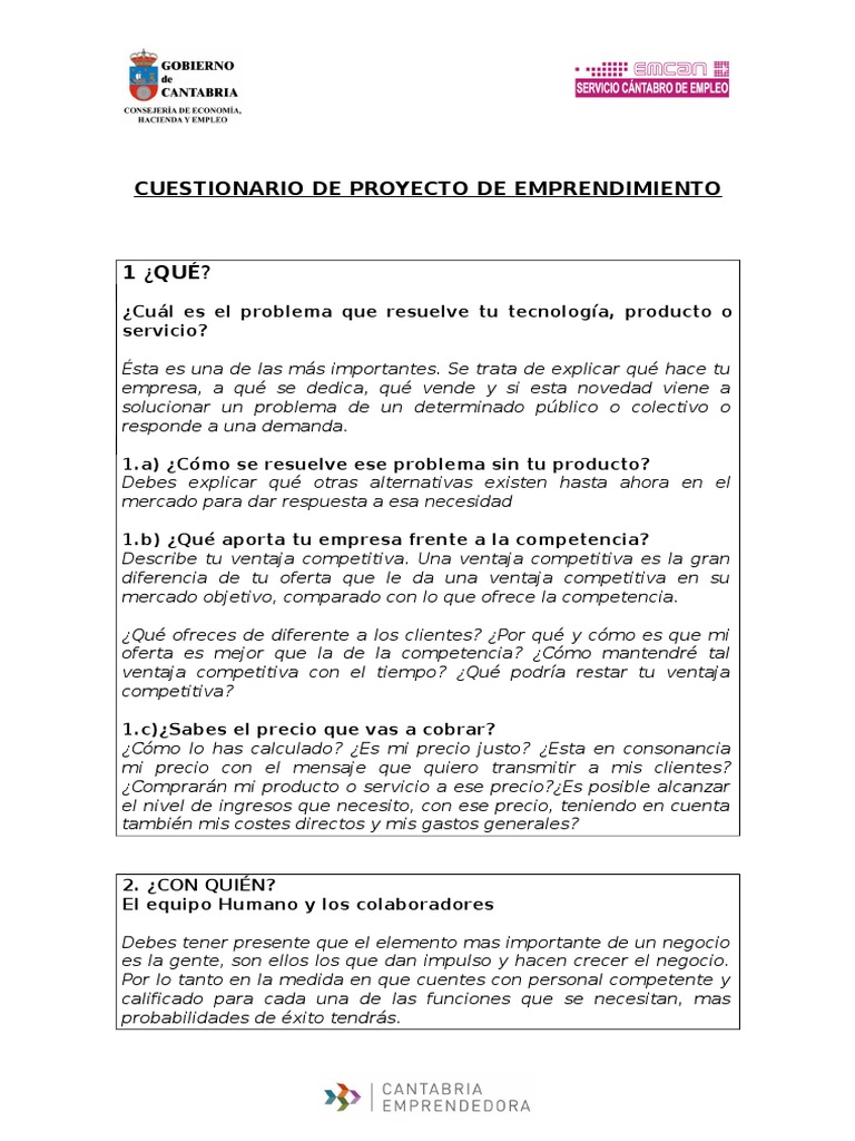 Cuestionario para Proyecto de Emprendimiento | PDF | Mercado (economía ...