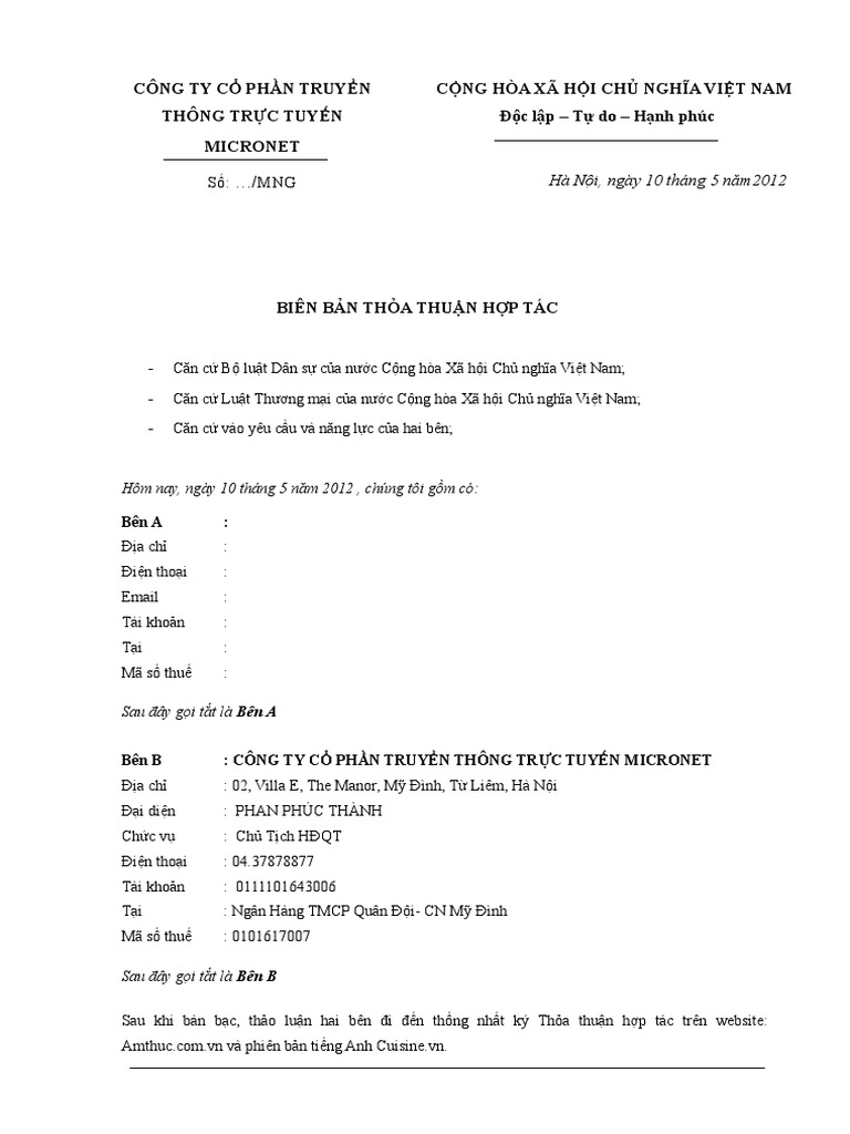 Hop Dong Thoa Thuan Hop Tac | PDF