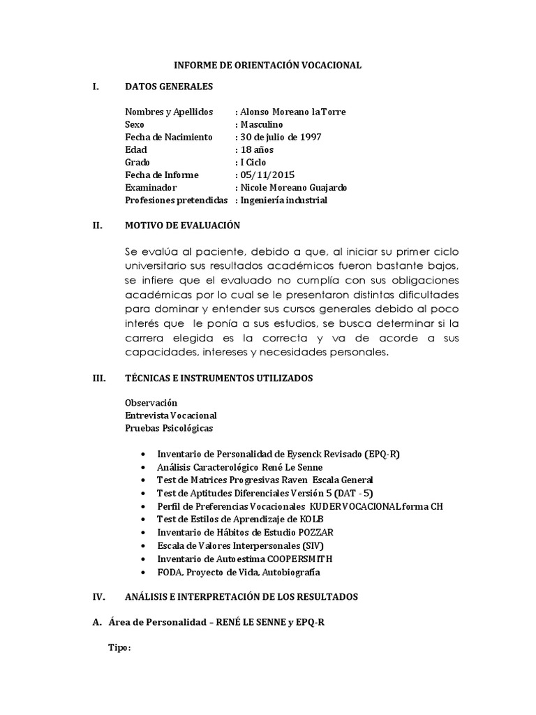 Informe De Orientación Vocacional I. Datos Generales | Aprendizaje | Sicología y ciencia cognitiva